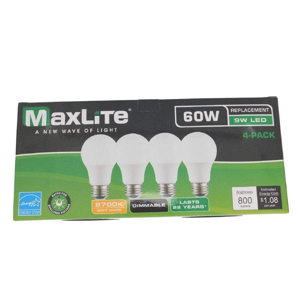 4 Maxlite Dimmable LED Soft White Light Bulb 9-Watt 60 Watt replacement ...