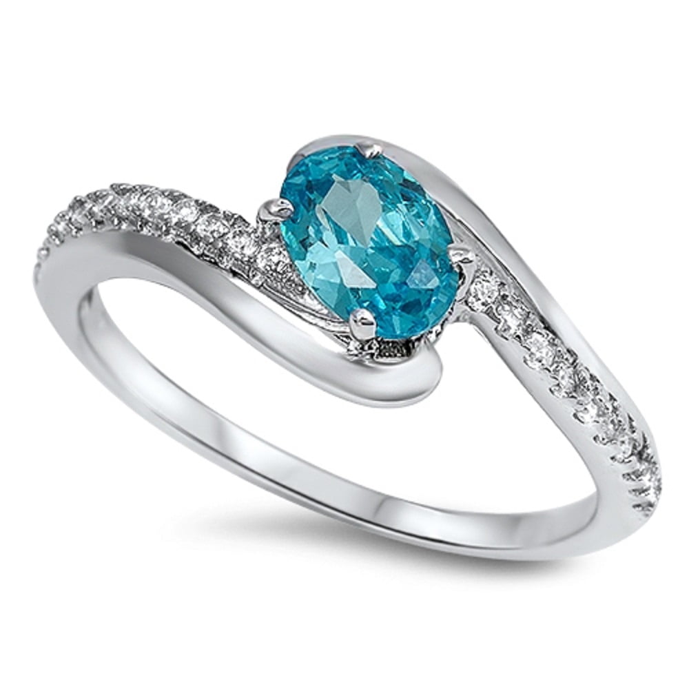 Staccato Oval Simulated Aquamarine Cubic Zirconia Ring Sterling Silver ...