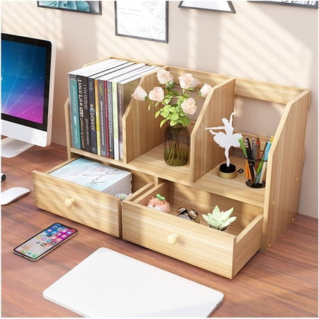 Bookend 2-Shelf Desktop Bookshelf with 2 Drawers Small Tabletop ...