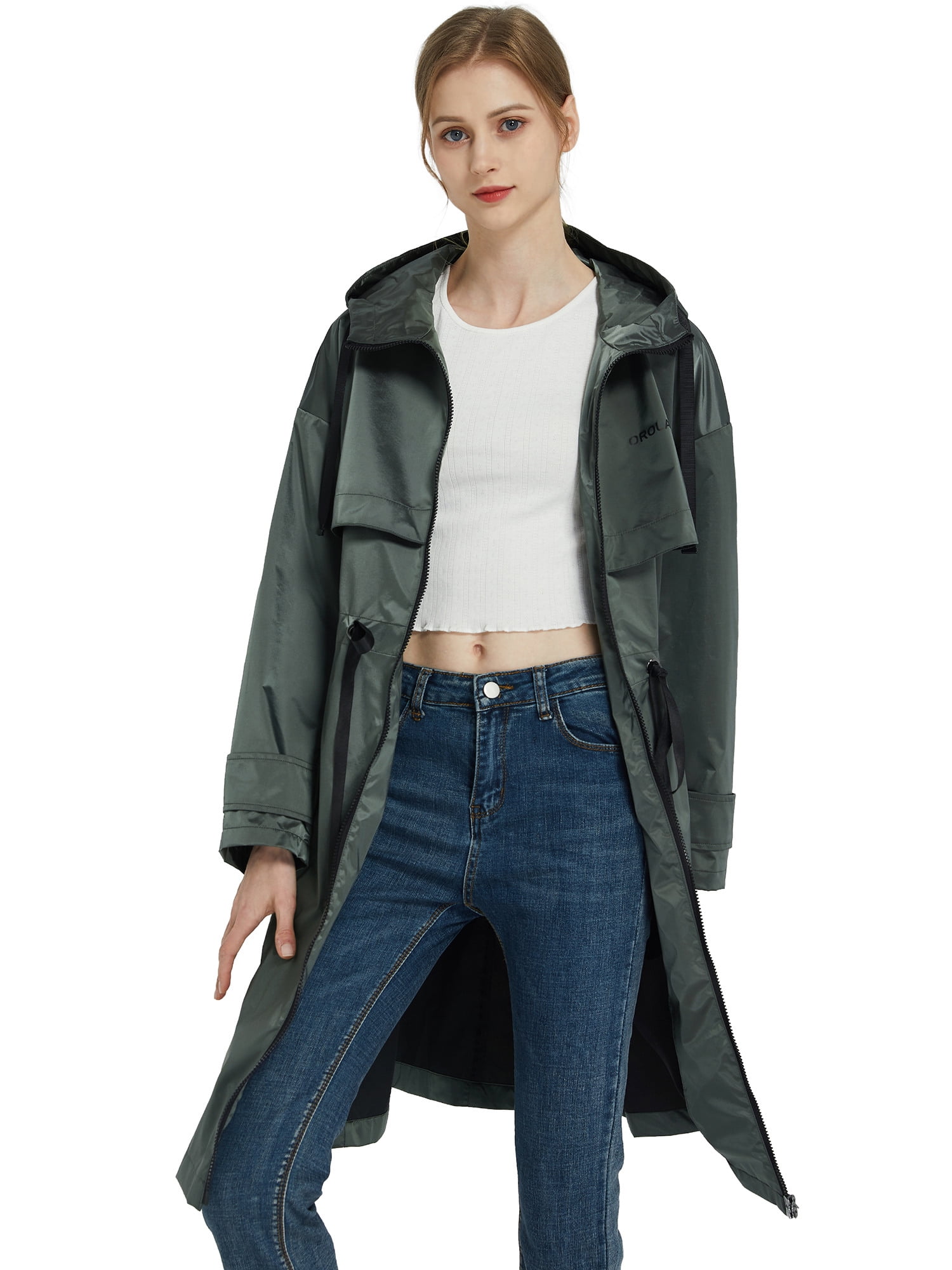 Orolay Women's Rain Waterproof Hooded Trench Coat Jacket with Waist ...
