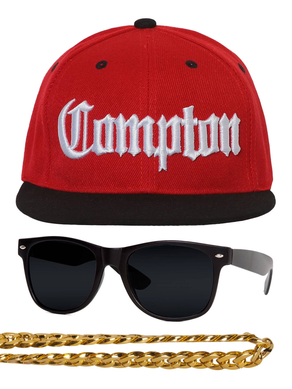 Compton 80s Rapper Costume Kit Flat Bill Hat w Sunglasses, Chain - Red ...