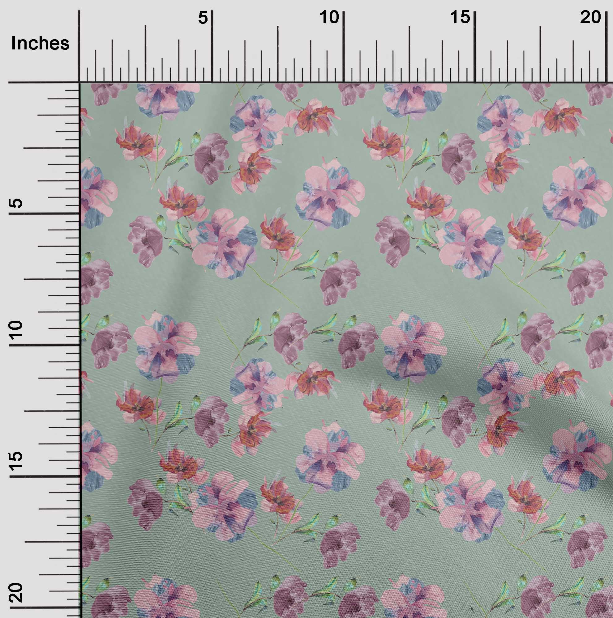 oneOone Cotton Flex Dusty Green Fabric Flower & Leaves Watercolor ...