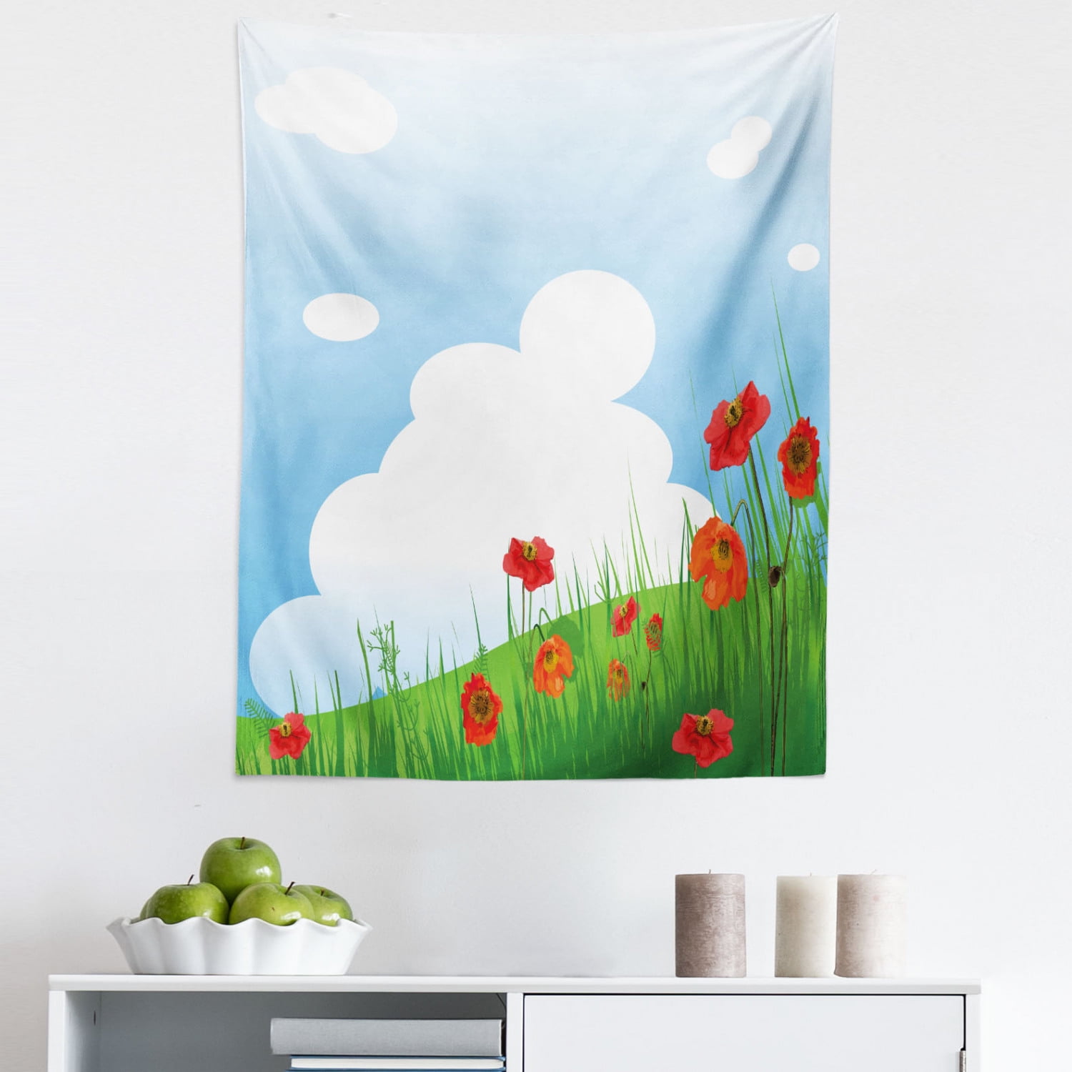 Poppy Flower Tapestry, Idyllic Grassy Field in Full Blossom Blue Sky ...