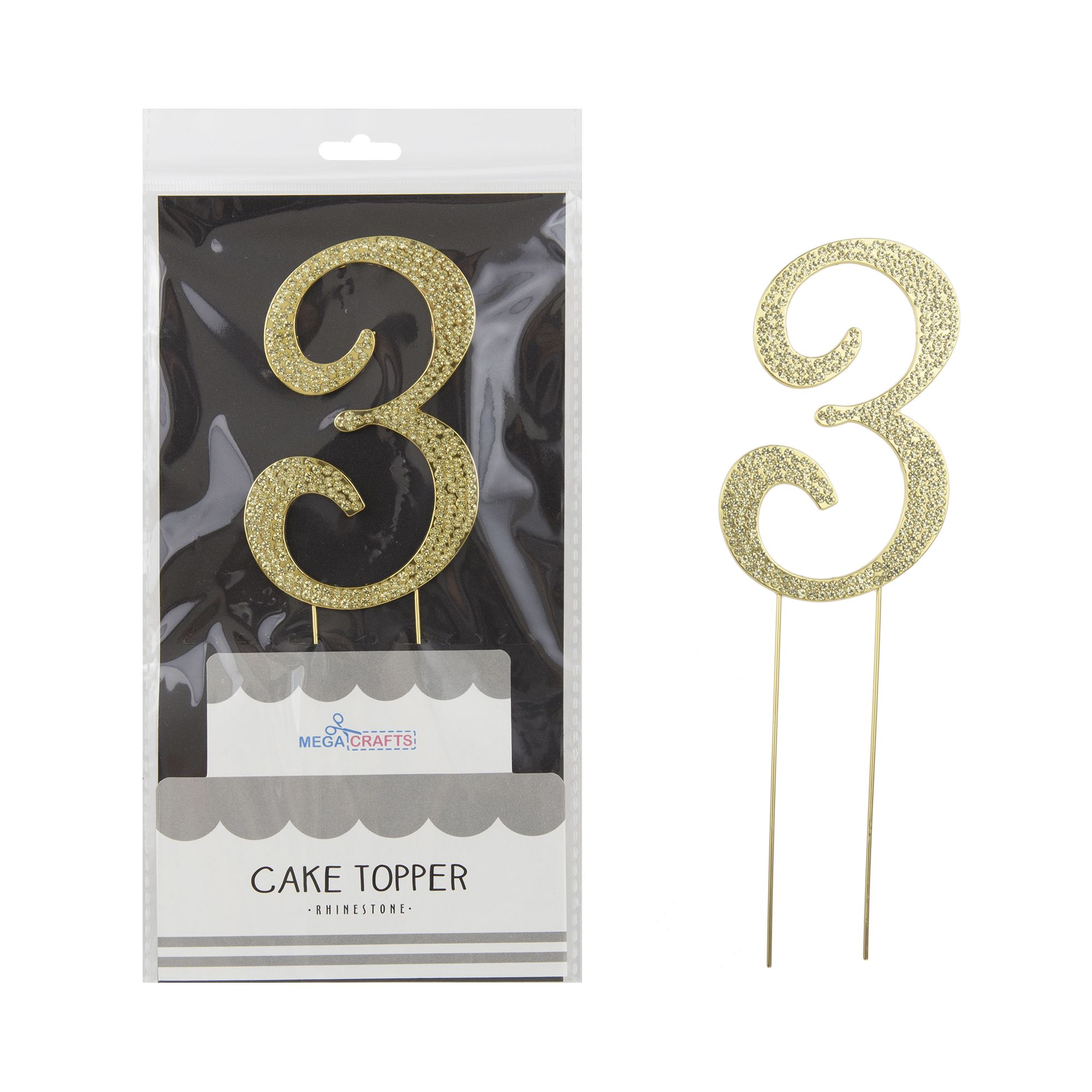 Mega Crafts - Sparkly Gold Rhinestone Number 3 Cake Topper Decoration ...