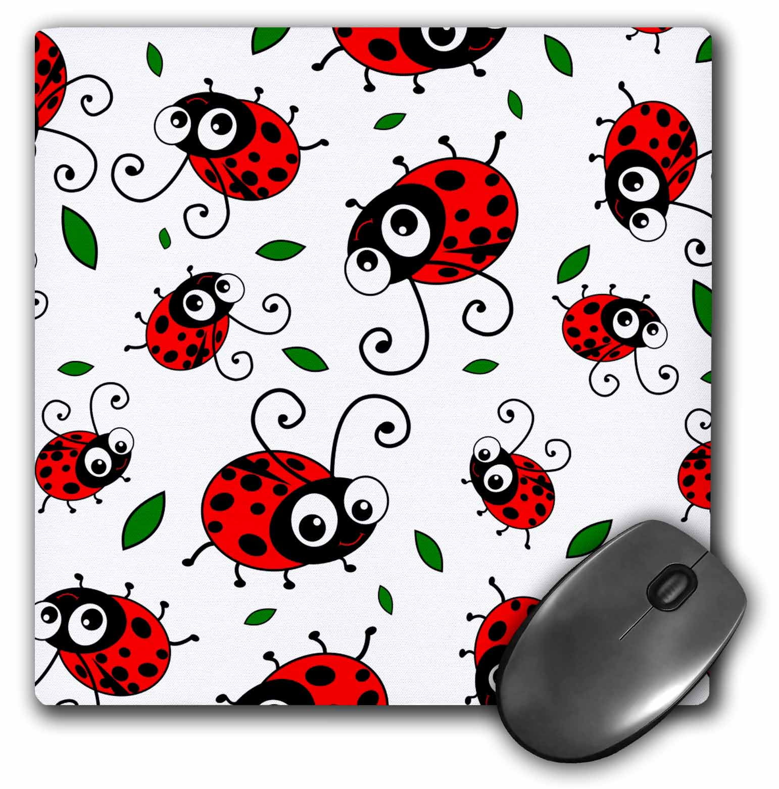 3dRose Cute red ladybug pattern with green leaves on white - cartoon ...
