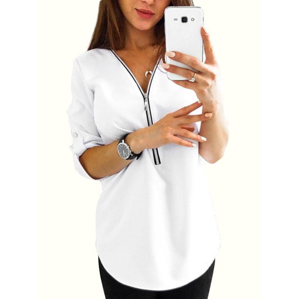 Sexy Dance Plus Size Women V Neck Shirt Roll Up Long Sleeve Casual