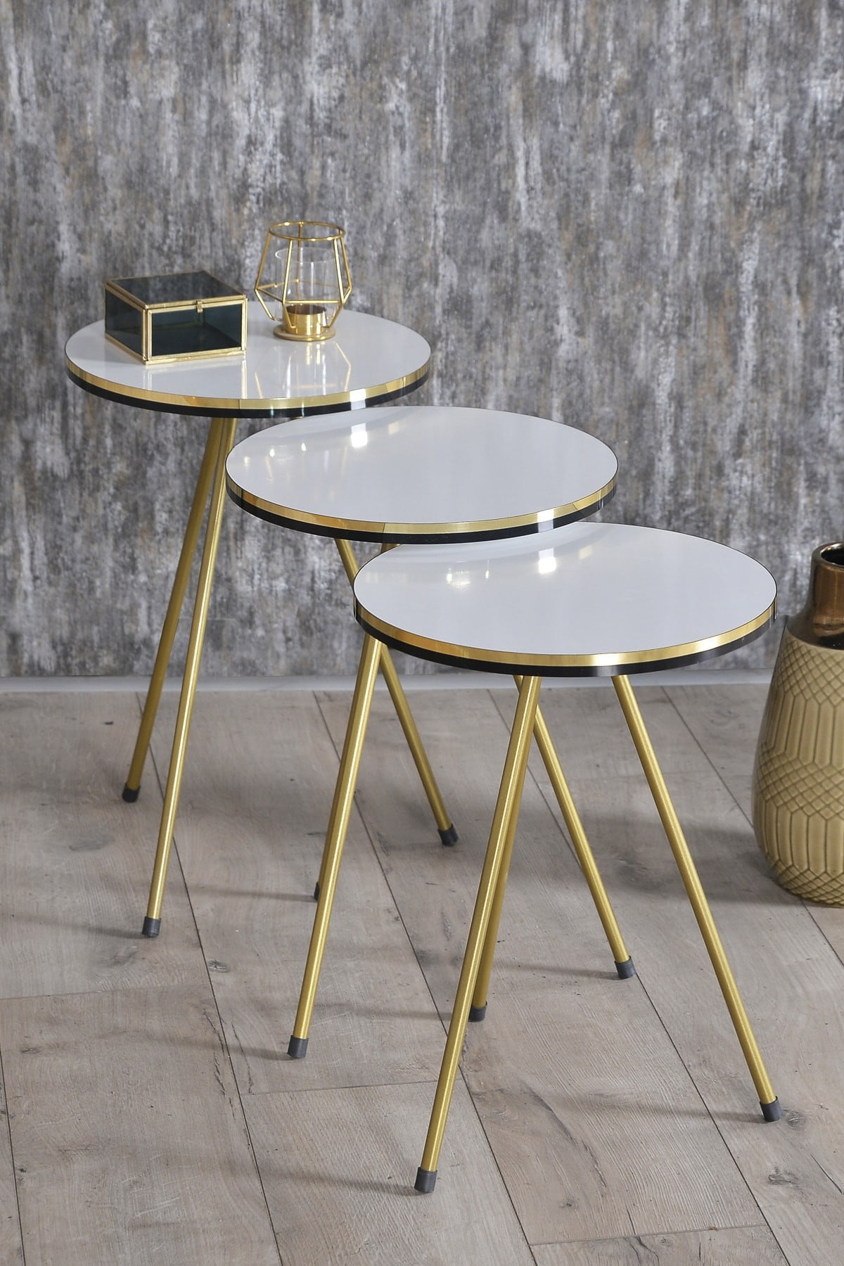 White Nesting Coffee Tables 3 PCS,Round Side Table With Gold Metal Legs ...