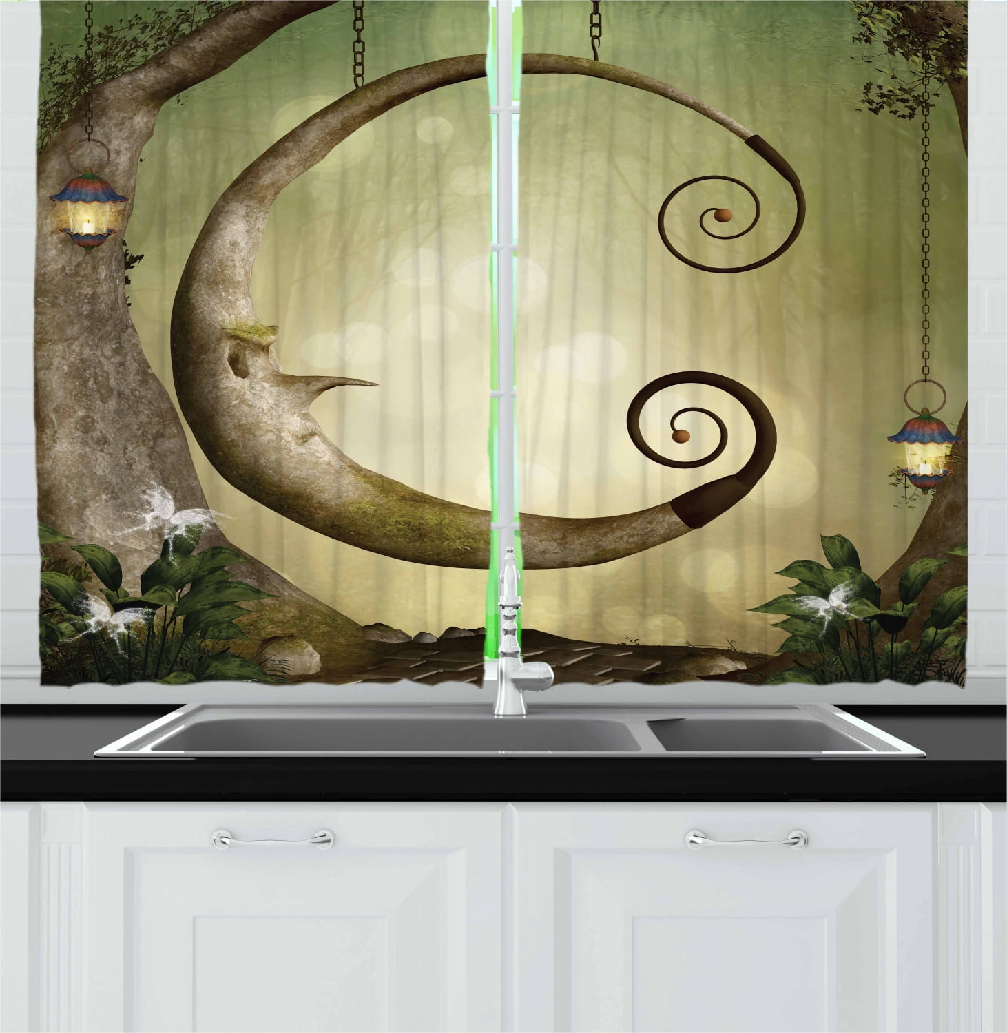 Tree Curtains 2 Panels Set, Absurt Illustration of Wooden Crescent ...