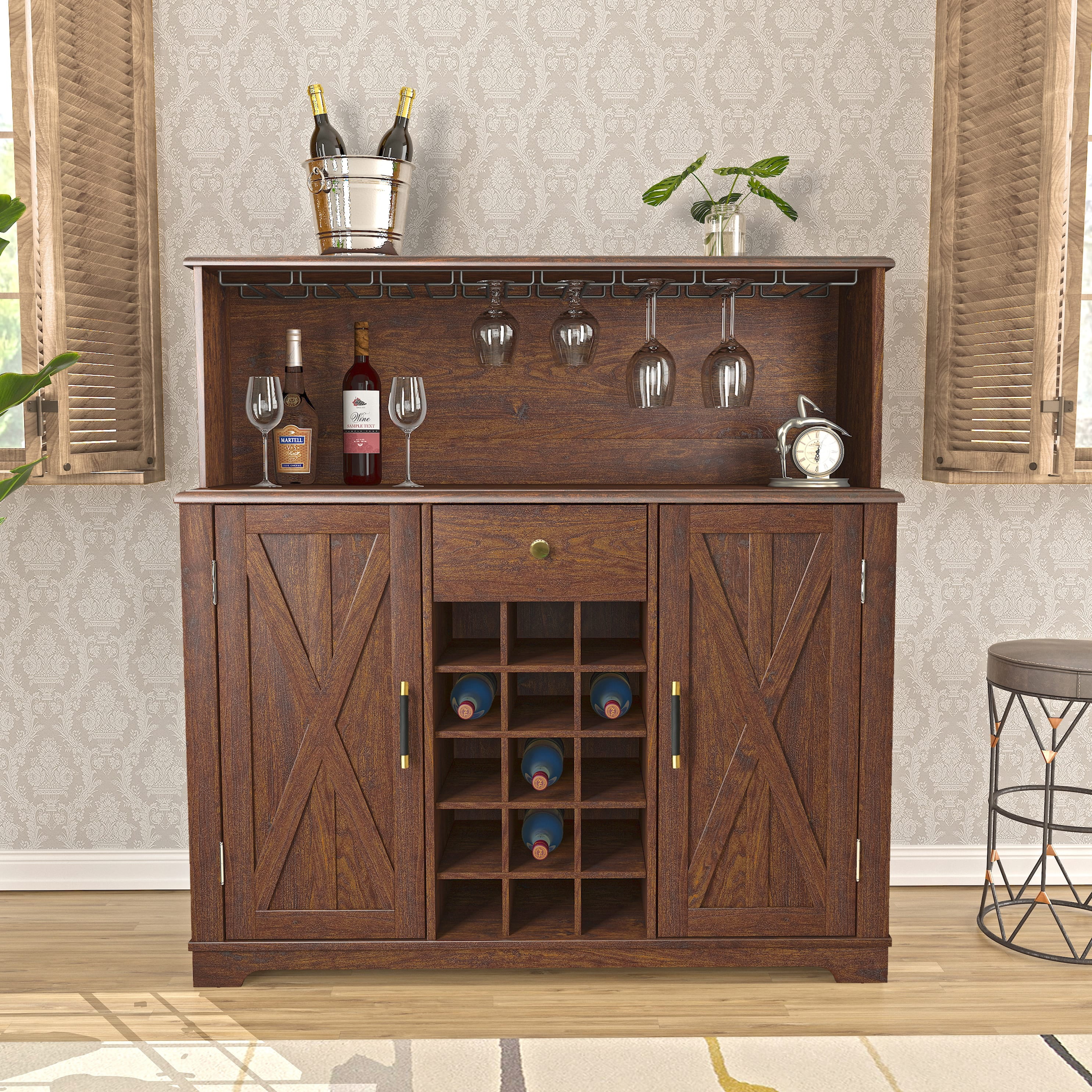 FESTIVO 47 in. Walnut Wood Buffet Bar Cabinet with Wine Rack with wood ...