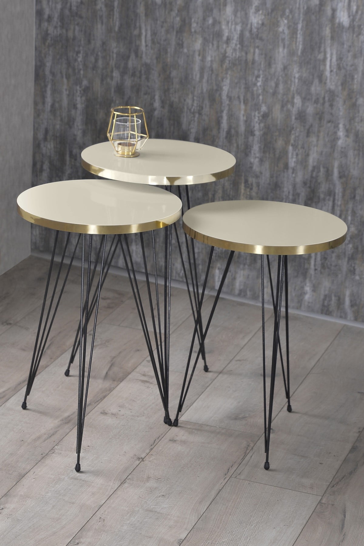 Cream White Nesting Coffee Tables 3 PCS,Round Side Table With Black 3-Rod Metal Legs,Set of 3 ...