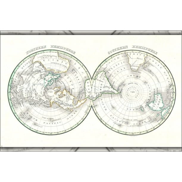 24"x36" Gallery Poster, 1838 Bradford Map of the World on Polar ...