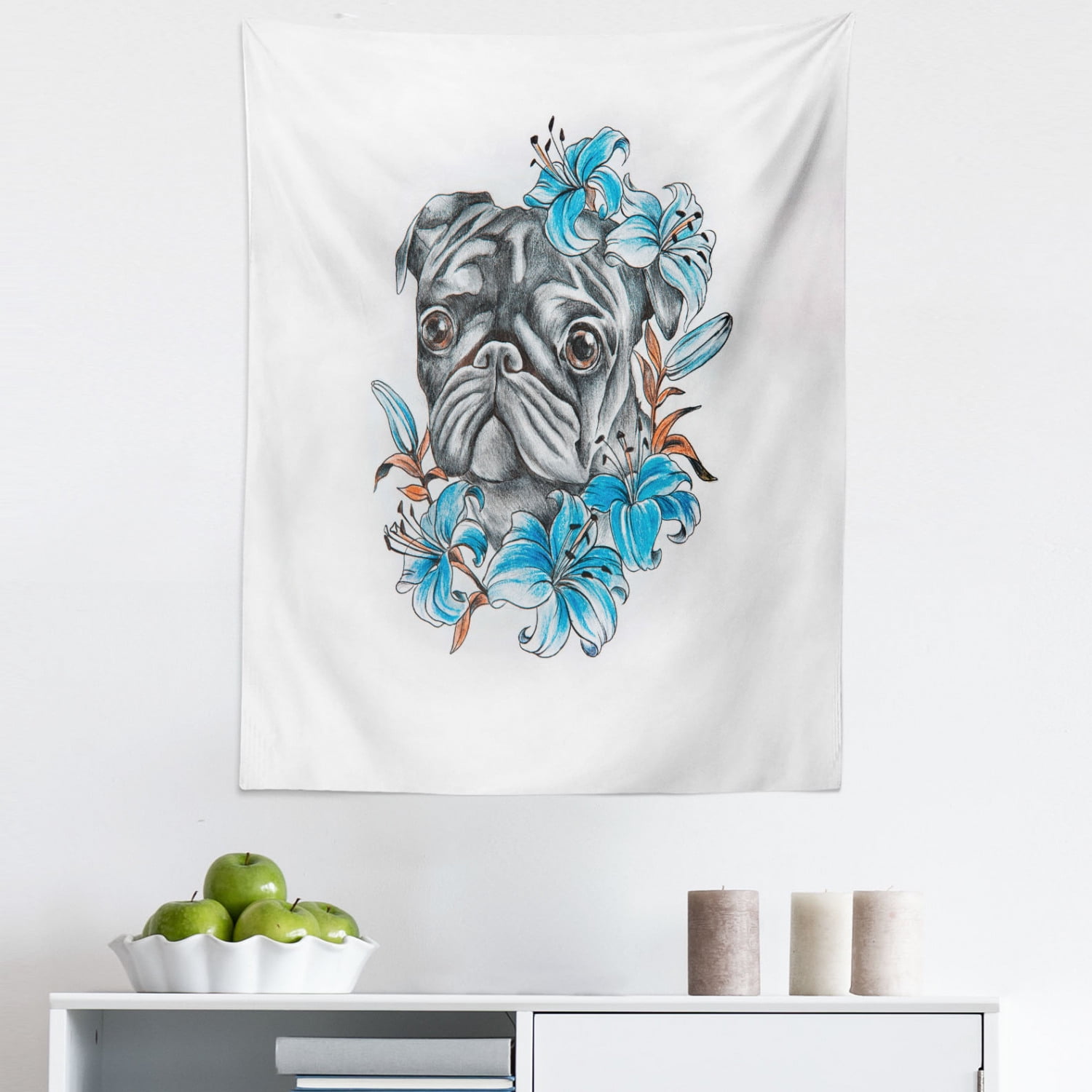 Pug Tapestry, Dog Face with Floral Arrangement with Flowers Animal Fun ...