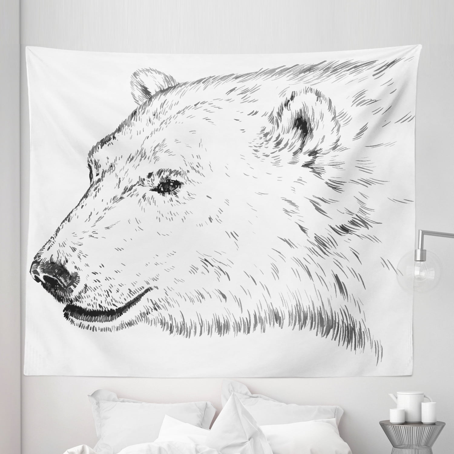 Animal Tapestry, Polar Bear Profile Engraved Ink Drawing Grizzly Furry ...