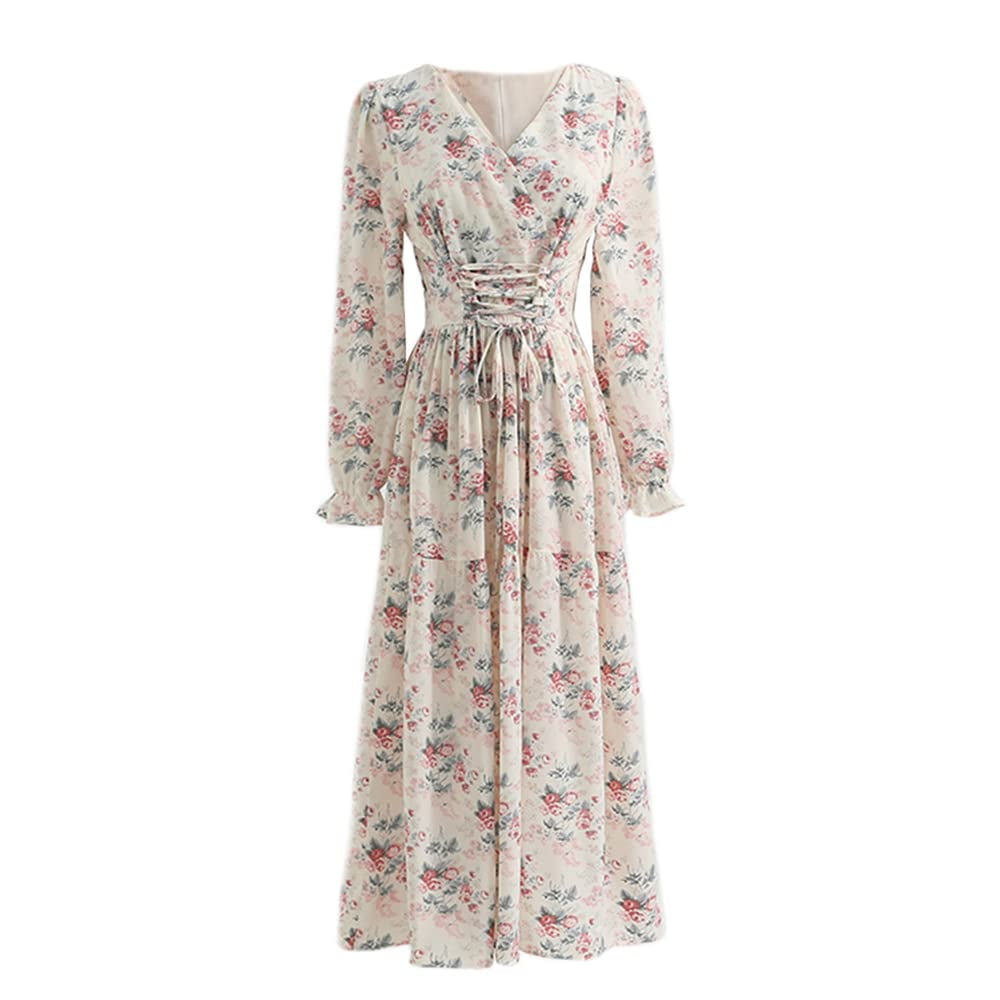 YM YOUMU Women Summer Vintage Lace up Floral Print Peasant Dress High ...