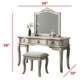 Poundex Antique White Wooden Vanity Set, Stool and Mirror, 3 Drawers ...