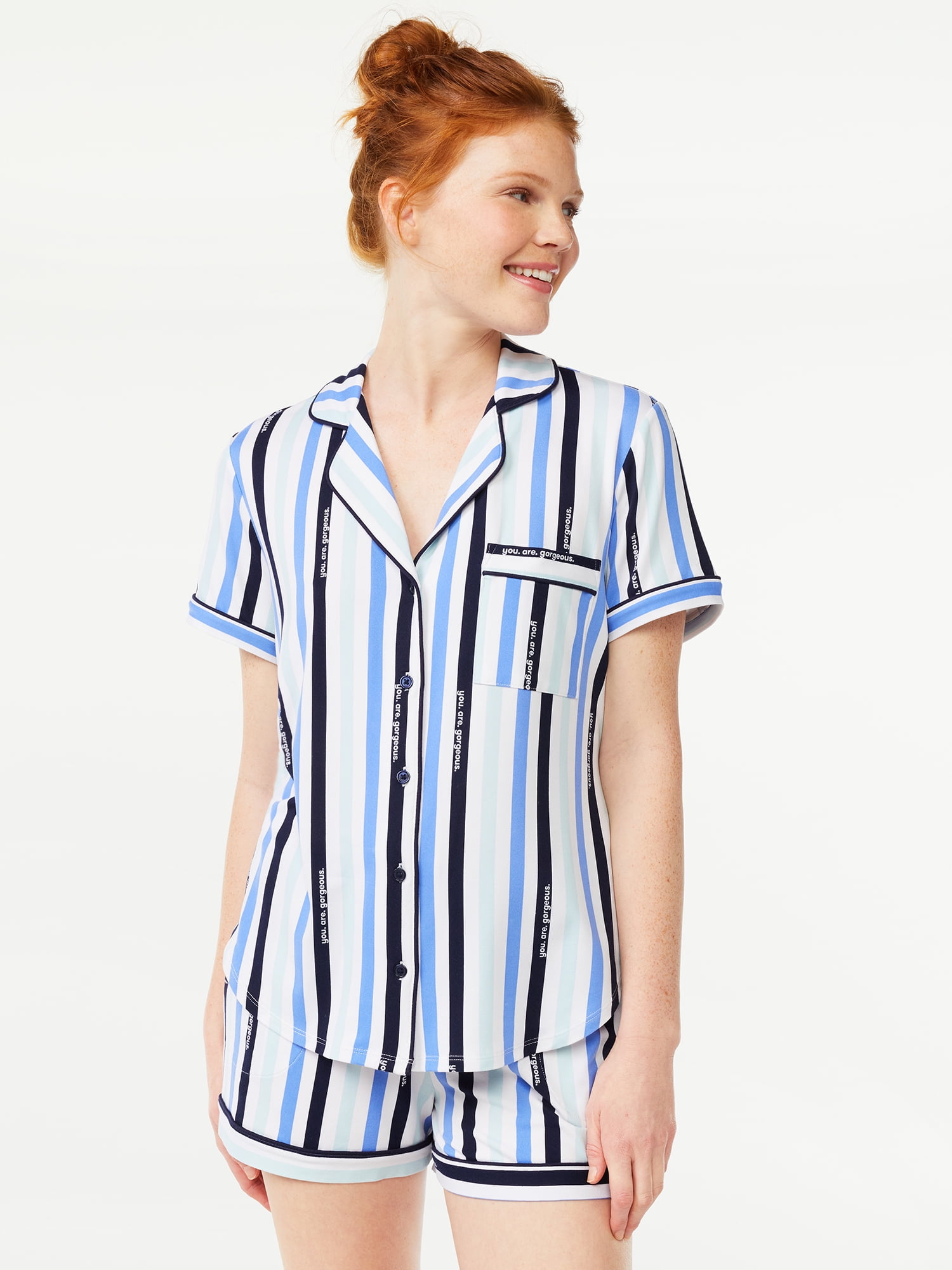 Joyspun Women's Knit Notch Collar Top and Shorts Pajama Set, 2-Piece ...