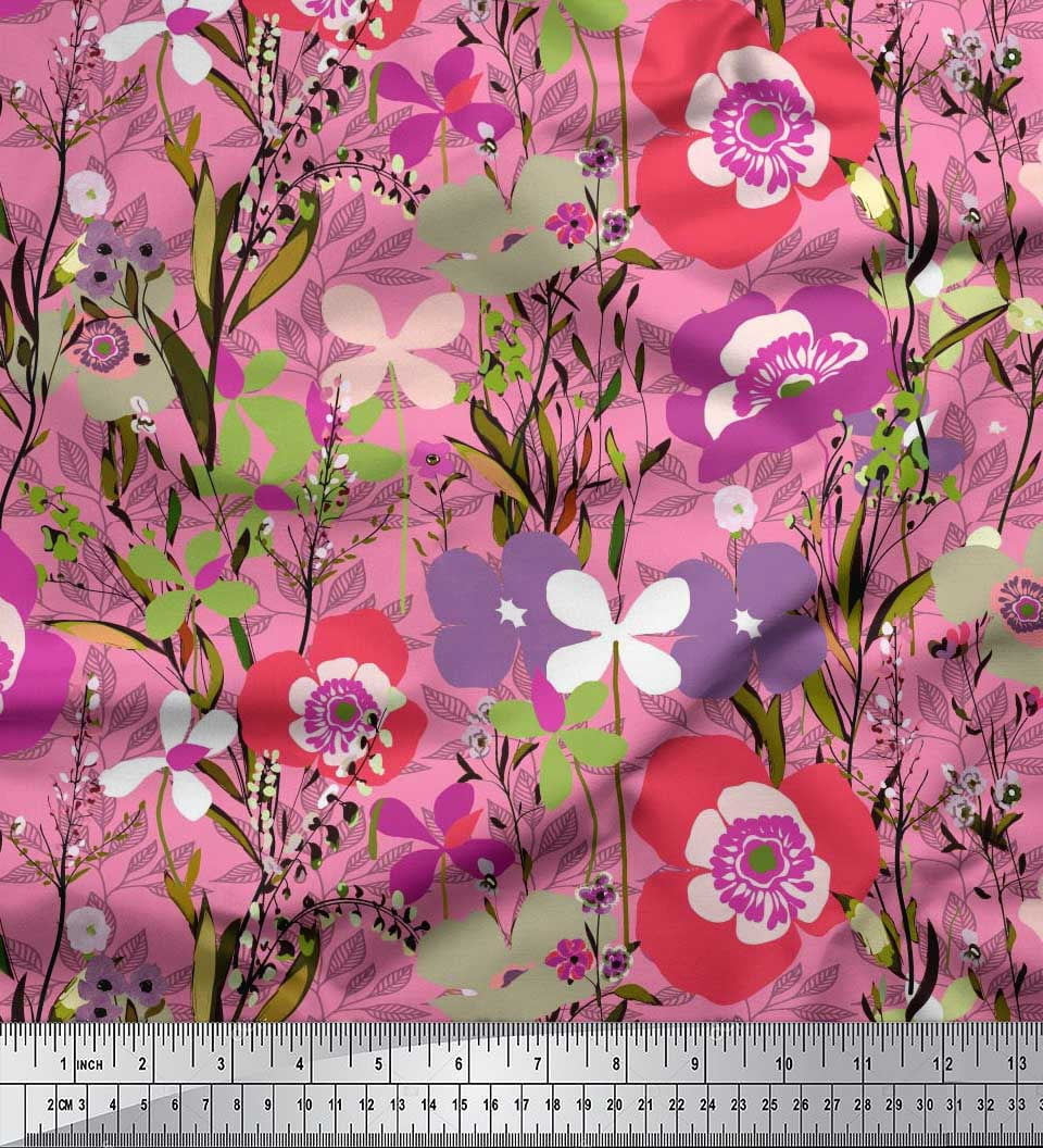 Soimoi Pink Cotton Voile Fabric Leaves & Floral Artistic Print Fabric ...