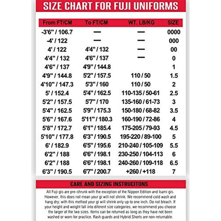 Aikido Gi Size Chart