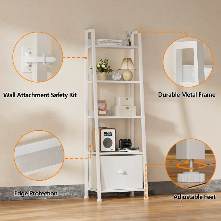 Furologee 5 Tier White Ladder Shelf Ladder Bookshelf with Removable Drawer Mordern Bookcase Storage Rack Organizer Wood Metal Freestanding Storage Shelves for Living Room Home Office Bedroom Walmart.c...