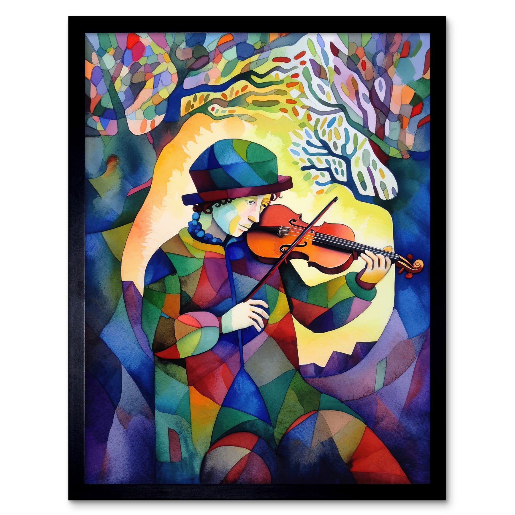 Fiddle Player In Forest Folk Art Watercolour Painting Art Print Framed ...