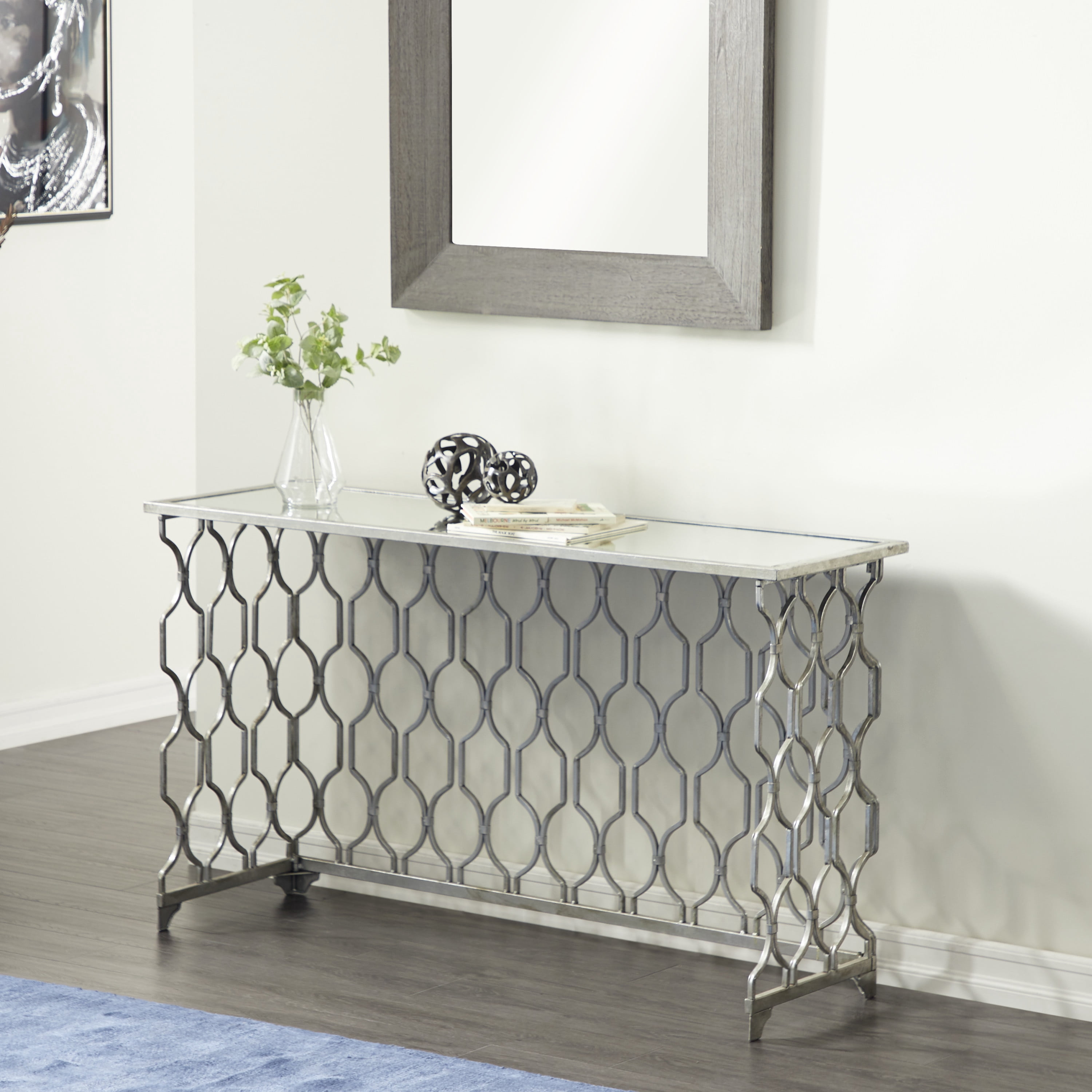 DecMode Contemporary Rectangular Metal with Mirror Top Console Table ...