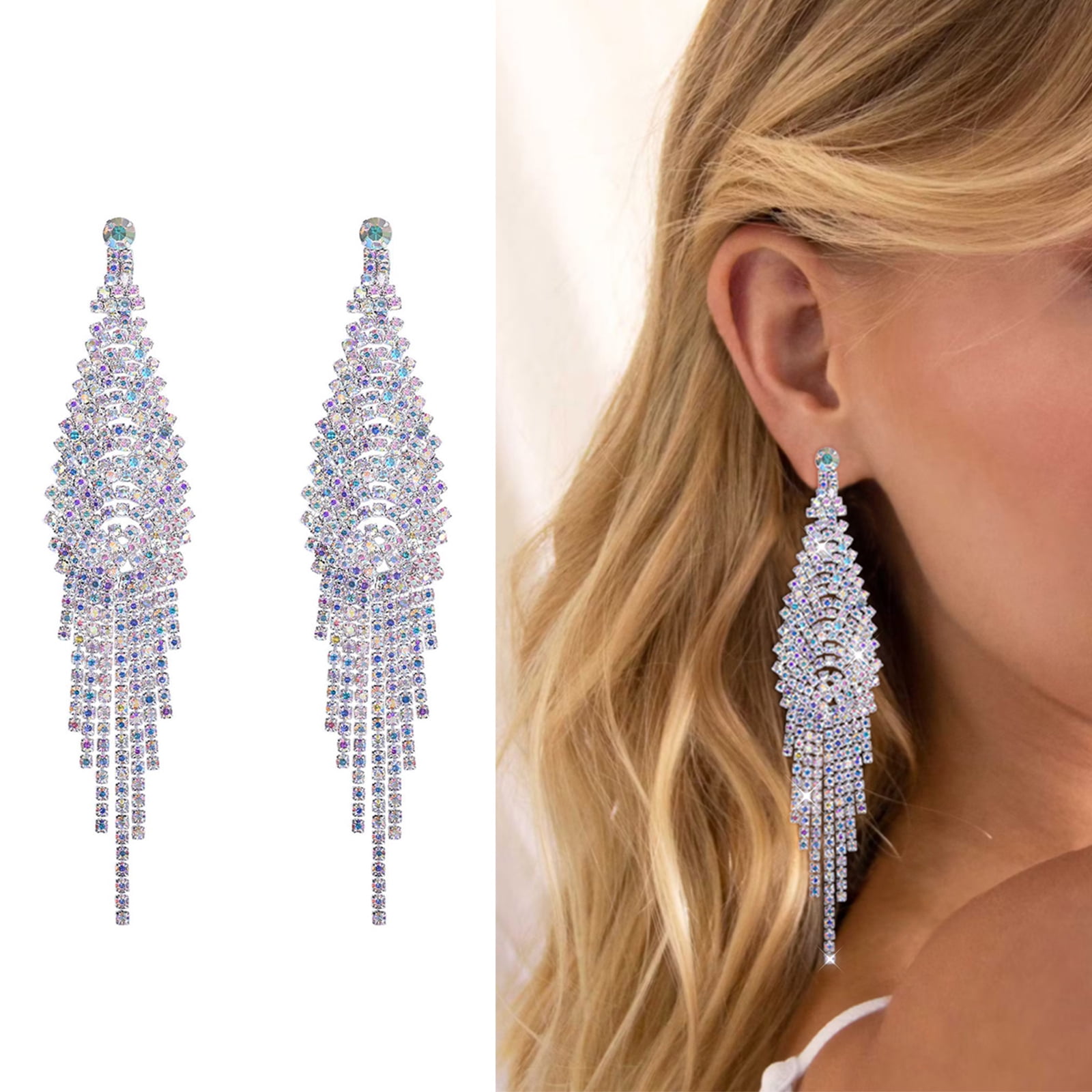 FOCALOOK Rhinestone Drop Earrings Sparkly Tassel Iridescent Earrings ...