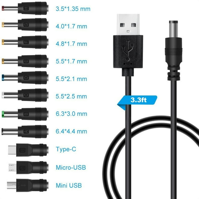 USB to DC Port 5V Charging Cable Power Cord 5.5*2.1mm with 11 Sizes ...