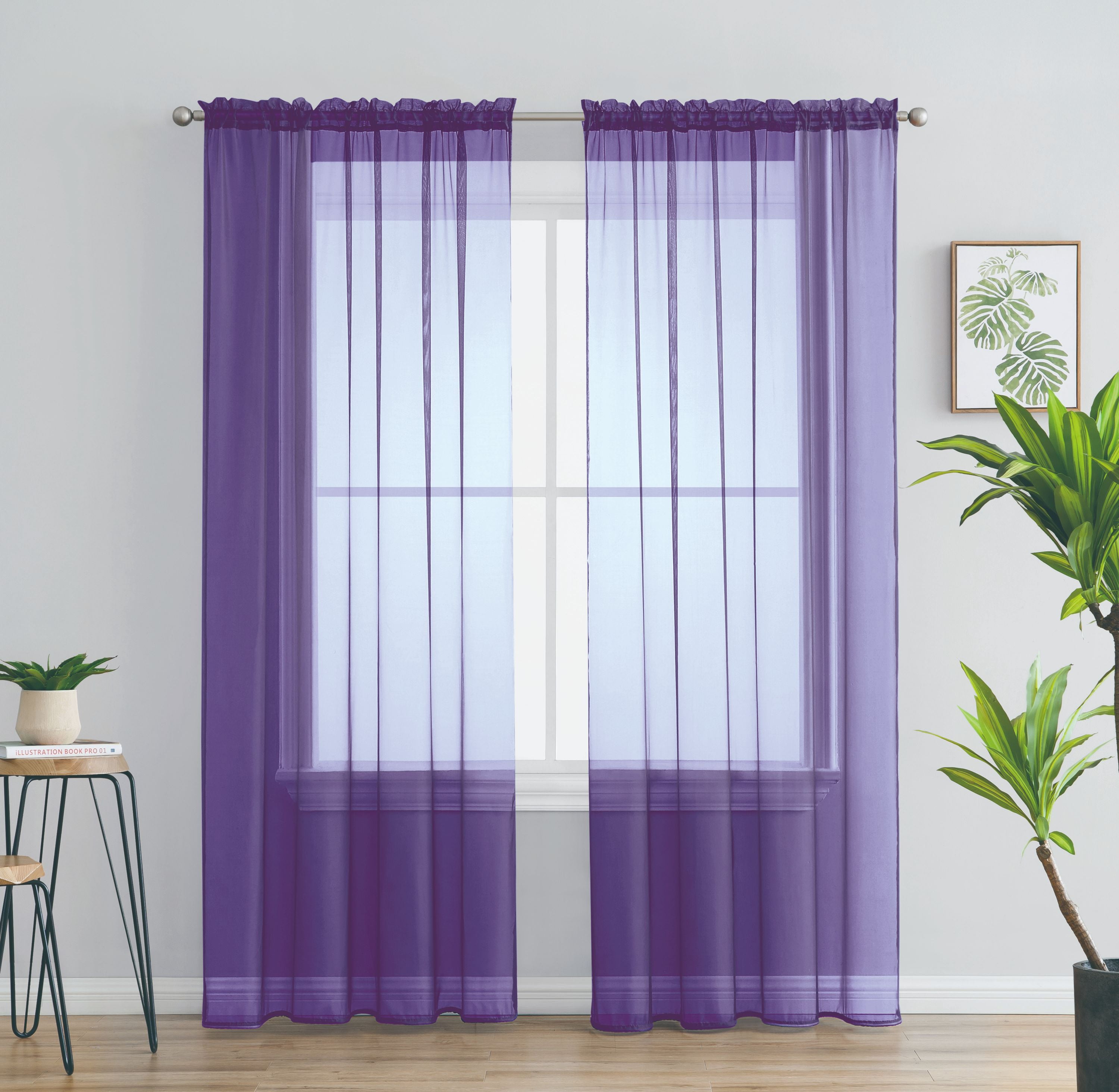 2 Piece Solid Rod Pocket Sheer Window Curtains Sheer Purple Curtains ...