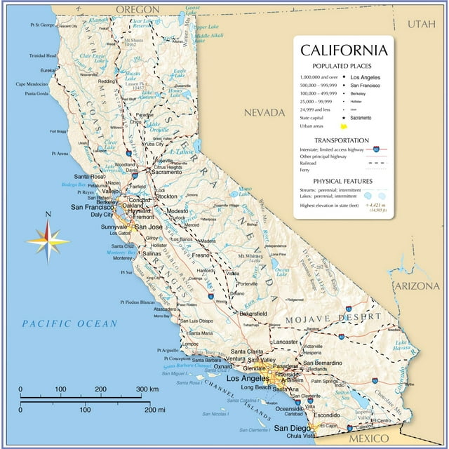 24x24in California detailed map of with boundaries, state capital ...