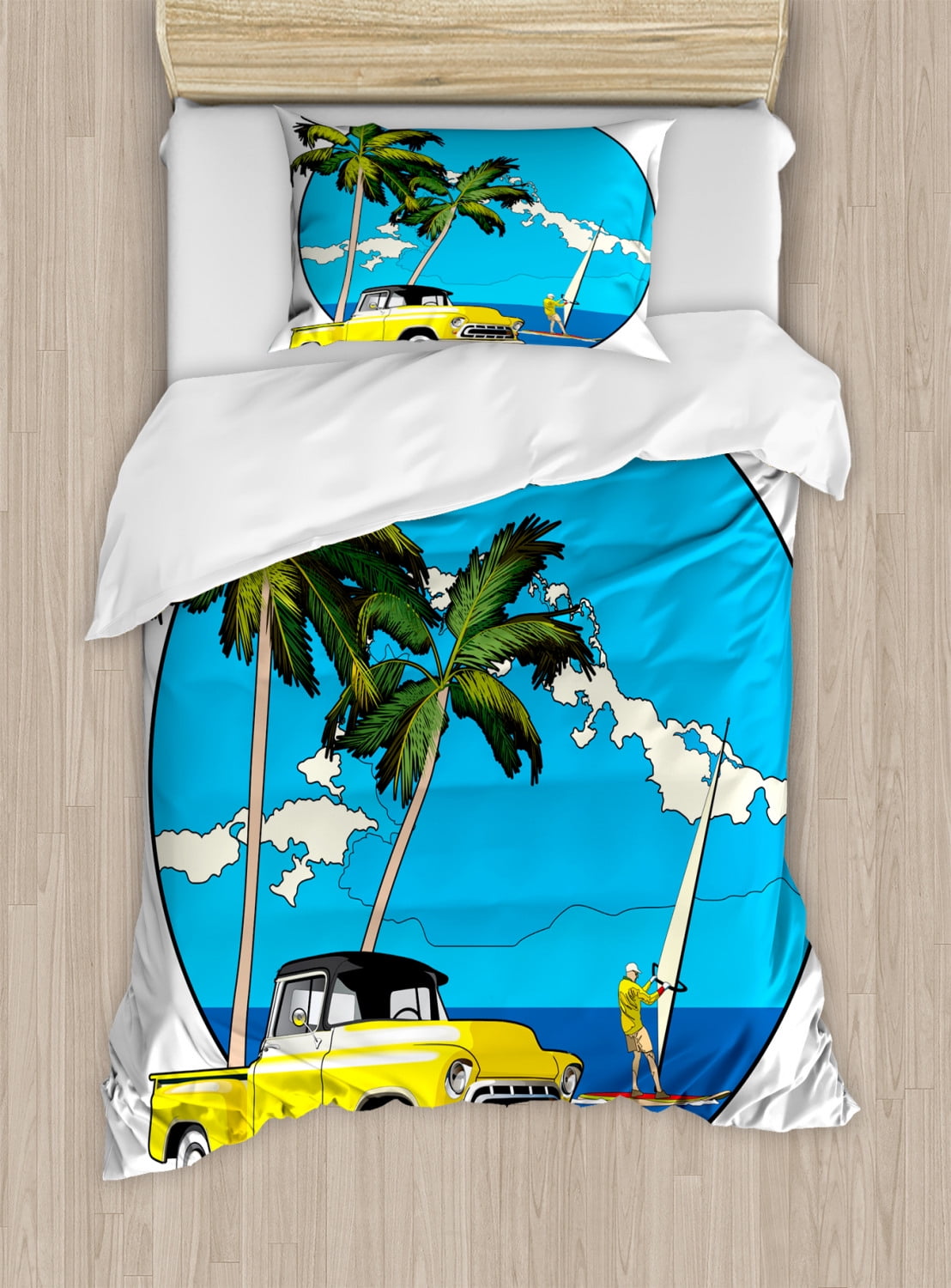 Retro Duvet Cover Set Twin Size, Graphic Design Nostalgic Chevy Car and ...