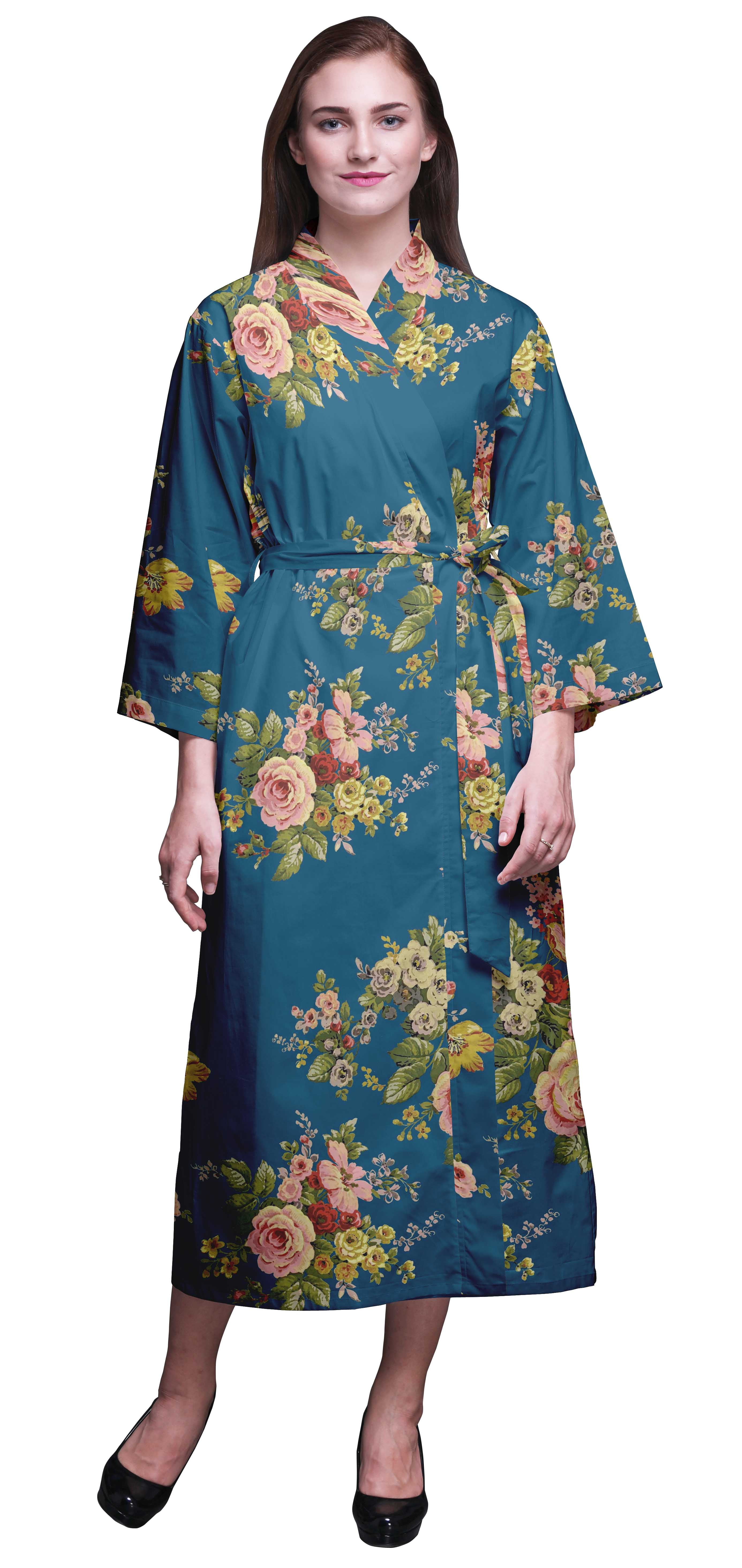 Bimba Blue Floral Rose Long Robes For Women Printed Bride Getting Ready ...
