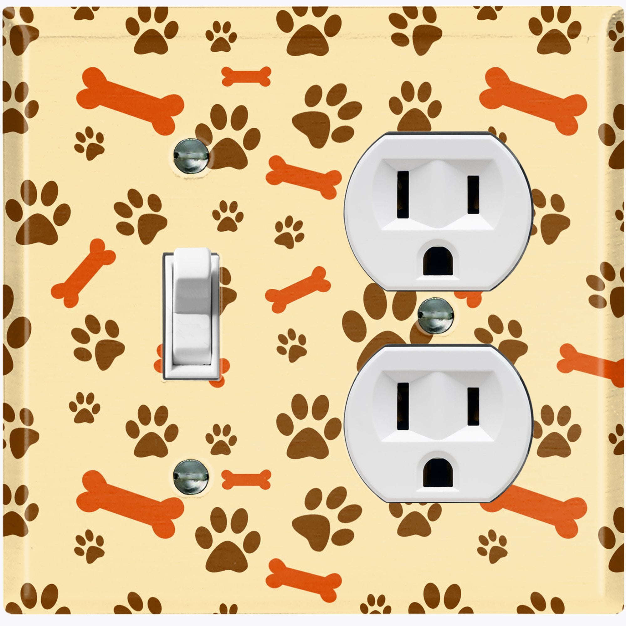Metal Light Switch Plate Cover Puppy Dog Paw Print Bones Orange Beige ...