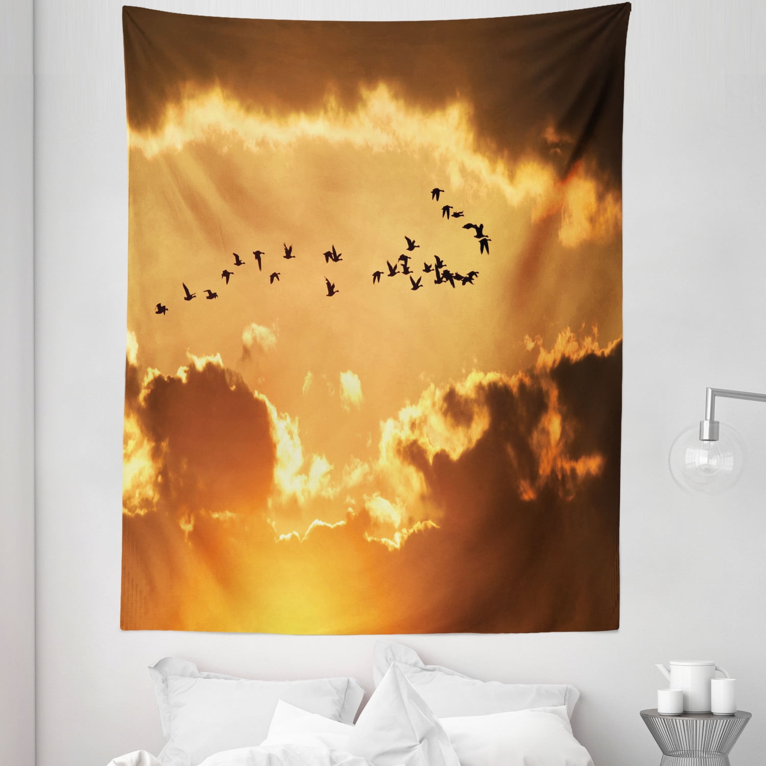 Bird Tapestry, Flock of Migratory Canadian Geese Flyingt Sunset Cloudy ...