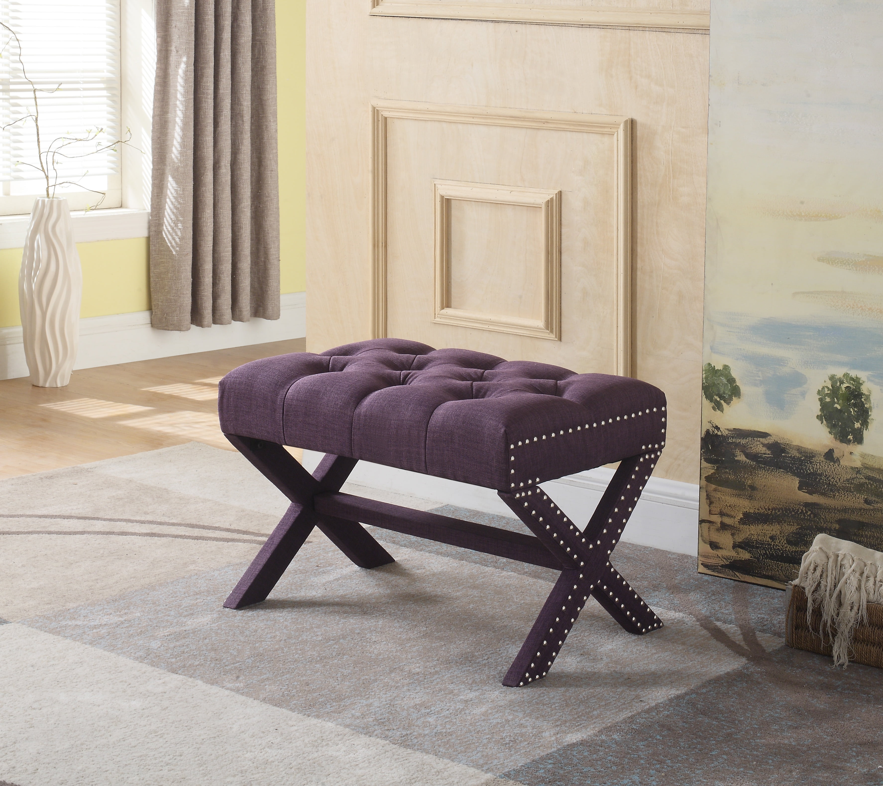 Chic Home Gaia Neo Traditional Tufted Linen X-Leg Ottoman - Walmart.com