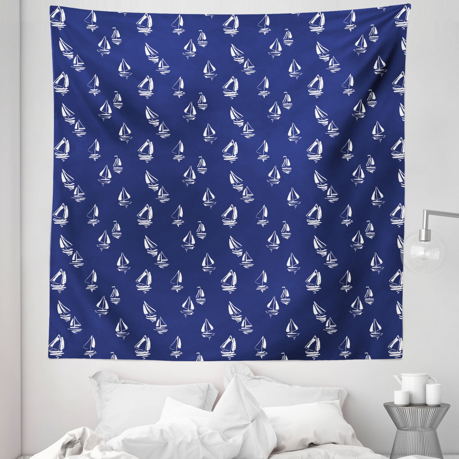 Navy Blue Tapestry, Hand Drawn Style Sailing Yacht Silhouettes Ocean ...