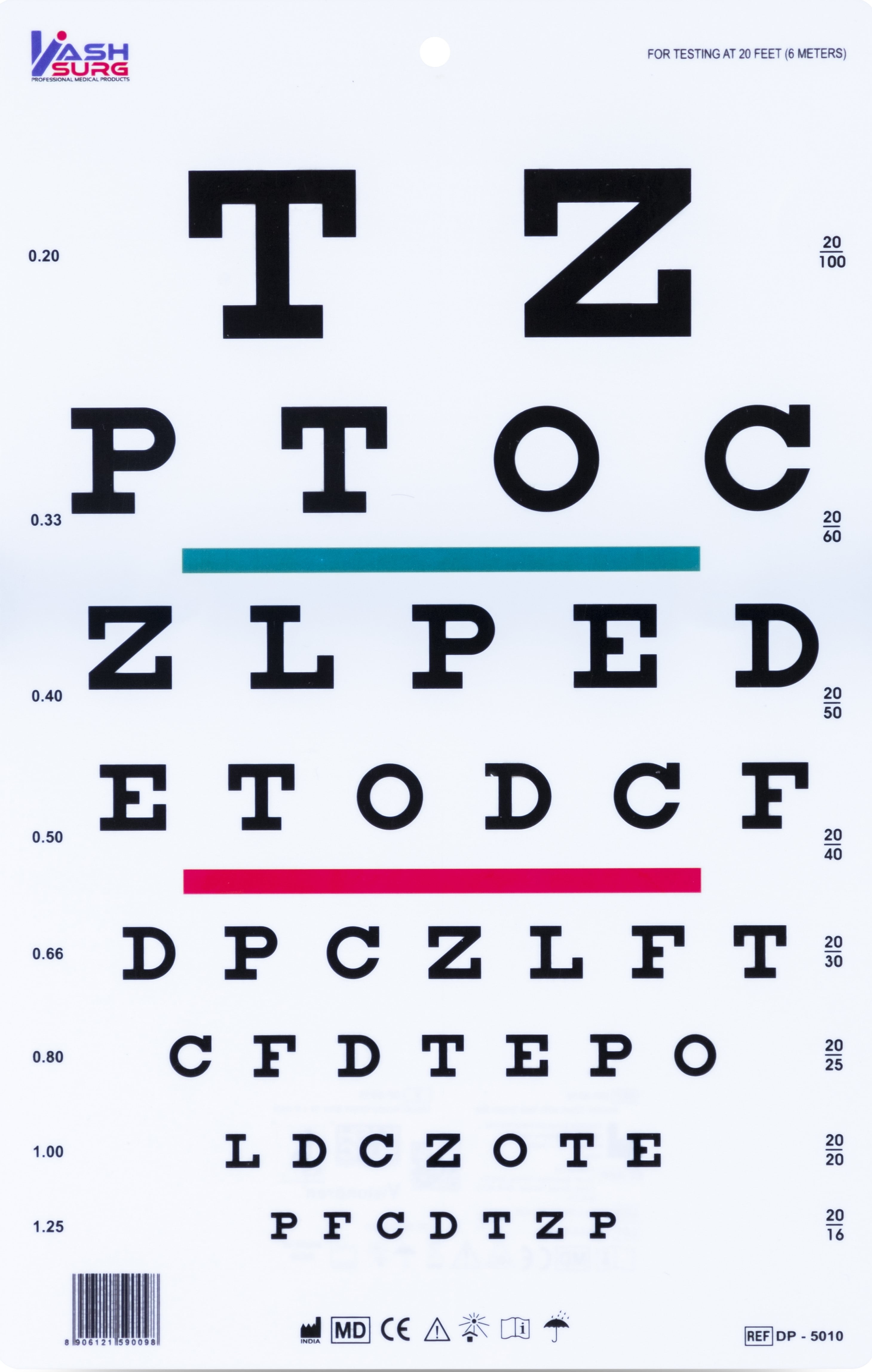 Snellen Chart with Red Green Bar Visual Acuity Test 6m / 20ft - Walmart.com