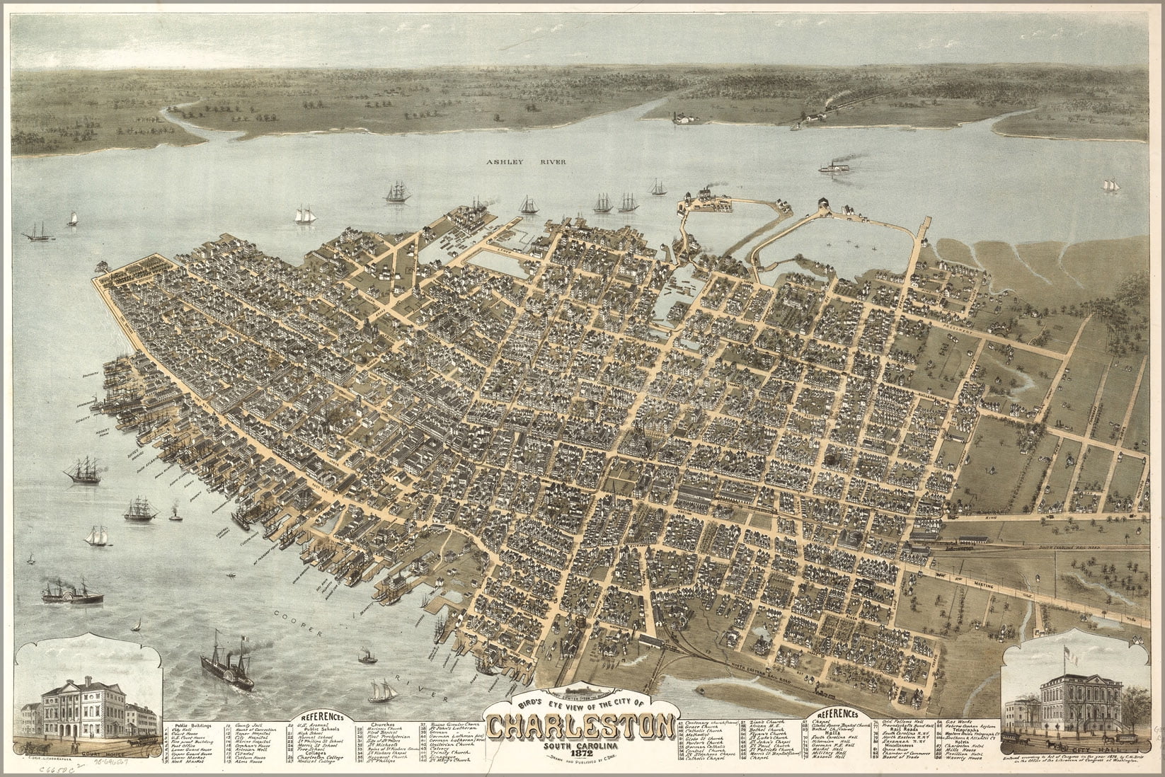 24"x36" Gallery Poster, Birdseye map of Charleston South Carolina 1872 ...