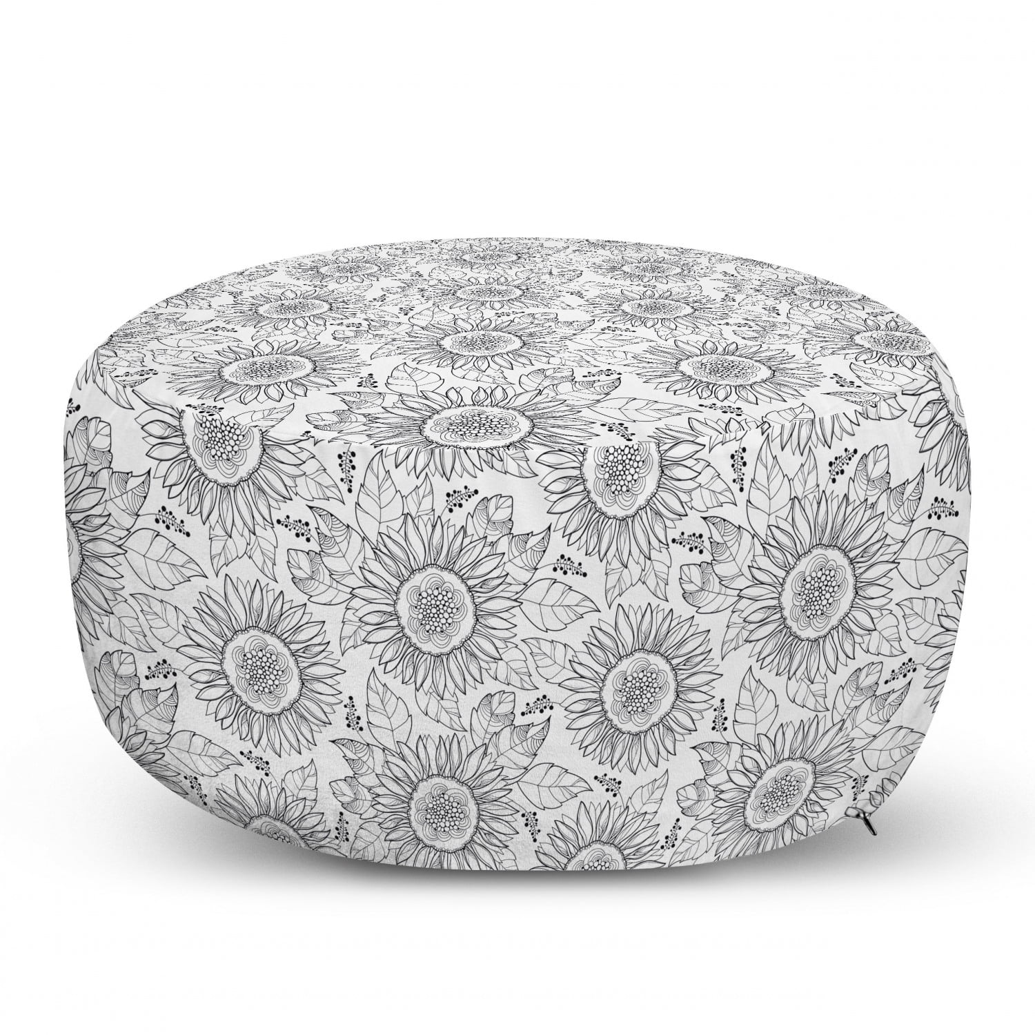 Floral Pouf Cover with Zipper, Pencil Drawn Sketchy Sunflower or ...