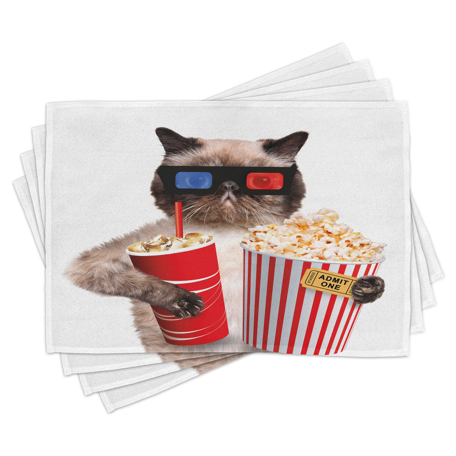 Movie Theater Placemats Set of 4 Cat with Popcorn and Drink Watching ...
