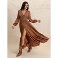 Brown Womens V-Neck Lace Insert Long Sleeve Maxi Dress With Button ...