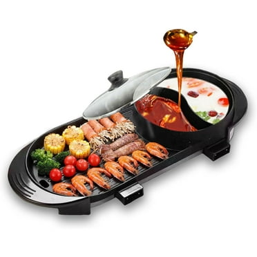 2 in 1 Electric Hot Pot Grill Teppanyaki Non-Stick Smokeless Barbecue ...