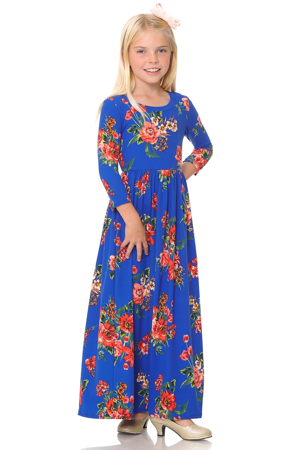 Honey Vanilla Girls' Fit and Flare Maxi Dress Floral Royal Blue Red ...