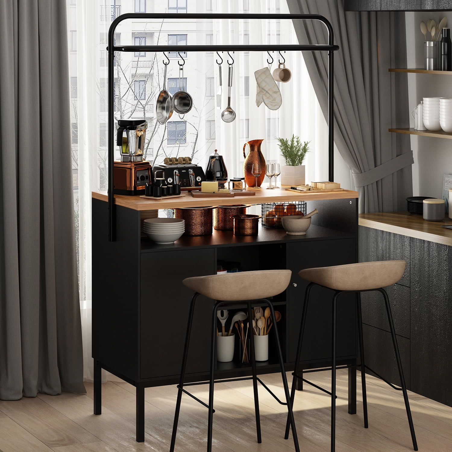 Hitow Kitchen Island Bakers Rack, Cupboard with Storage Shelf and ...