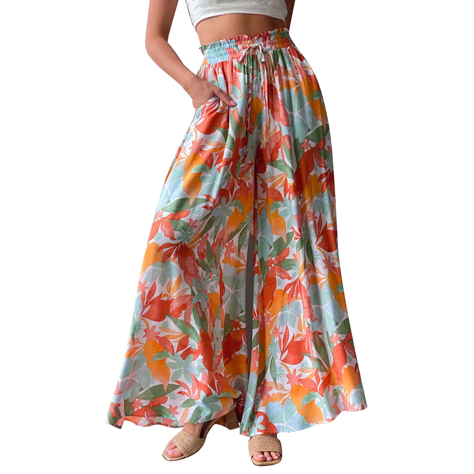 Women Baggy Summer Flowy Pants Drawstring Elastic Waist Tropical Floral ...