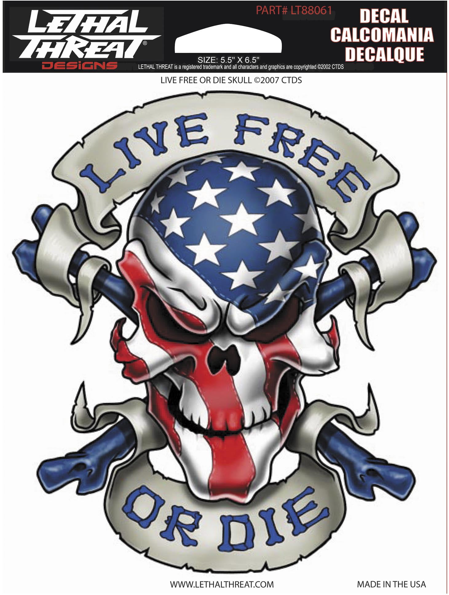 LETHAL THREAT DECALS Decals 6" x 8" Live Free Or Die Skull LT88061 ...