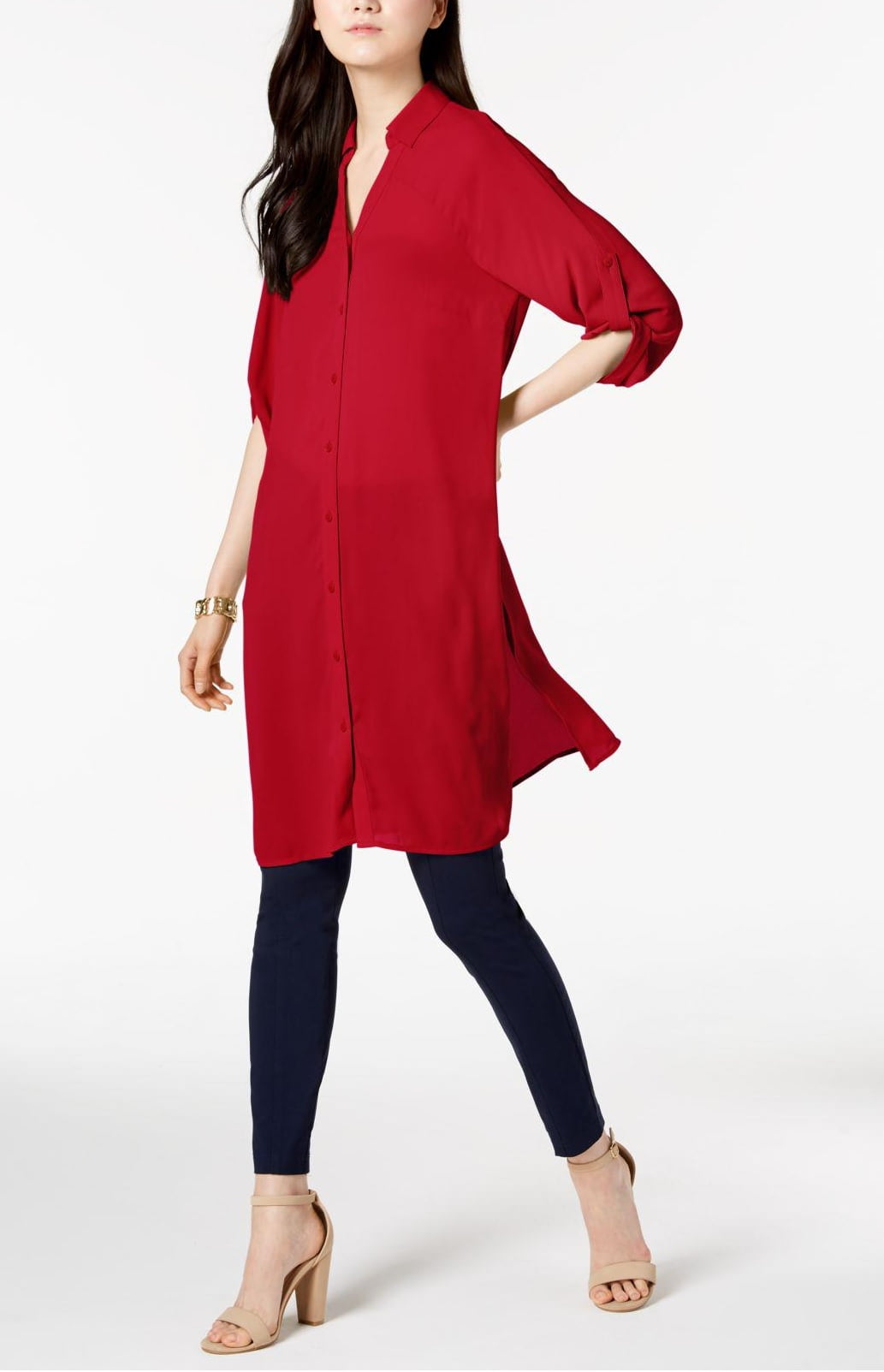 Alfani Women's Roll-Tab Tunic Shirt Dark Red Size X-Small - Walmart.com