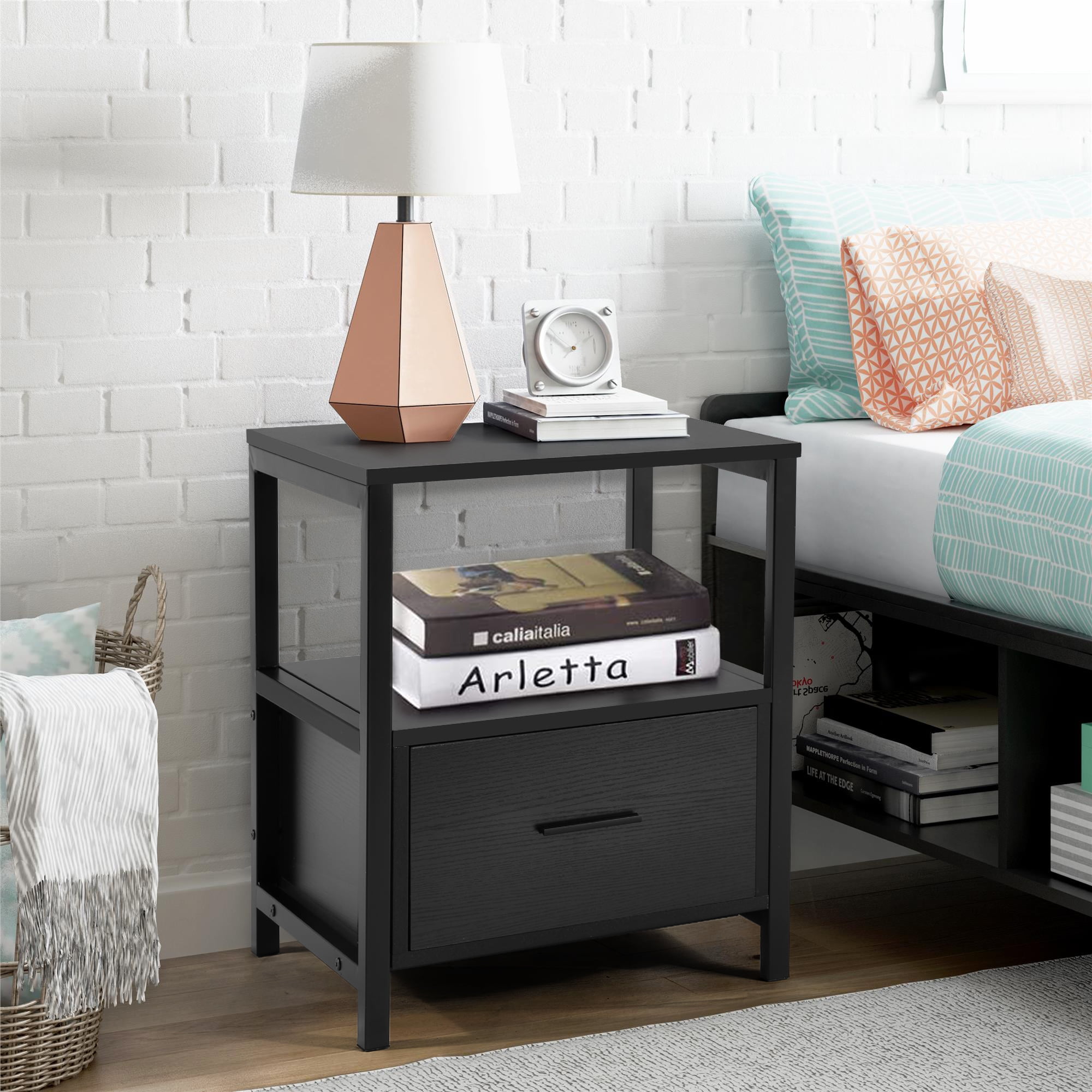 VECELO Modern Square End Table with 1 Drawer and Shelf Black Nightstand ...