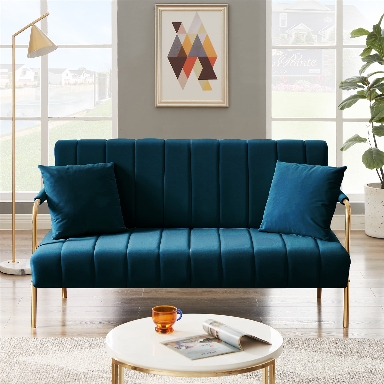 Accent Sofa, Modern Velvet Upholstered Loveseat Sofa with 2 Pillows and ...