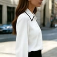 ABSUYY Womens White Contrast Trim Pointed Collar Blouse - Long Sleeve ...
