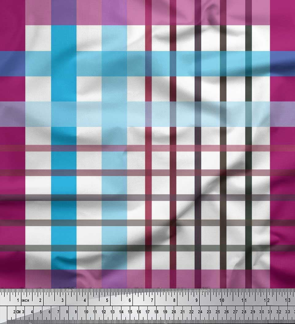 Soimoi Blue Crepe Silk Fabric Window Pane Check Print Fabric by the ...